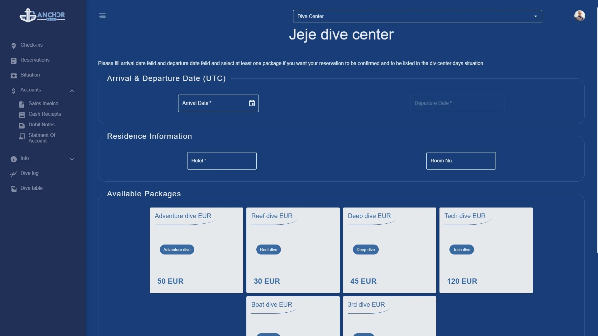 Anchor BMS software for diving and water activities Management.